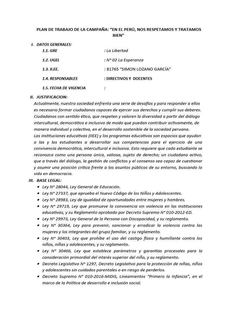 Plan de Trabajo de La Campaña en El Perú, Nos Respetamos | PDF ...