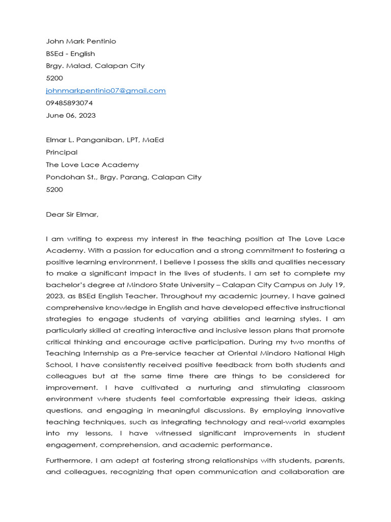 Application Letter To The Love Lace Academy | PDF | Career & Growth ...