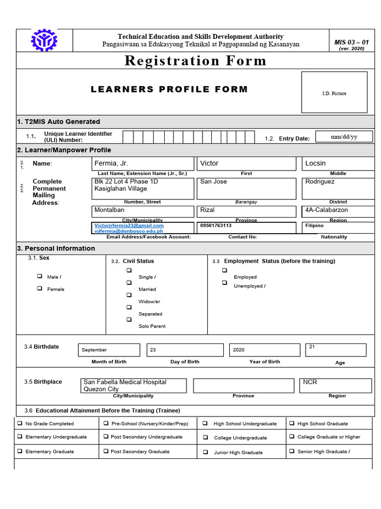 Tesda Learners Profile | PDF