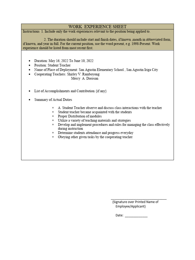 Work Experience Sheet for Student Teacher | PDF | Career & Growth