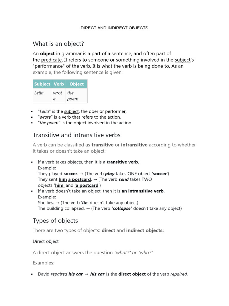 Direct and Indirect Objects | PDF