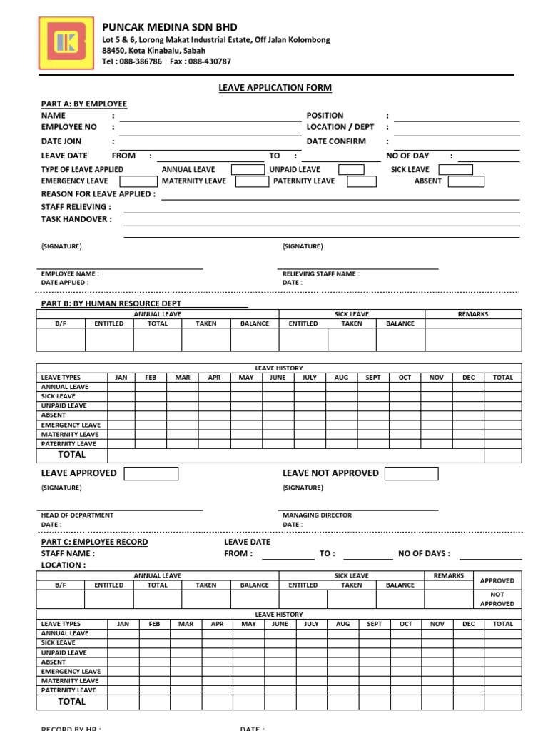 Leave Application Form PDF