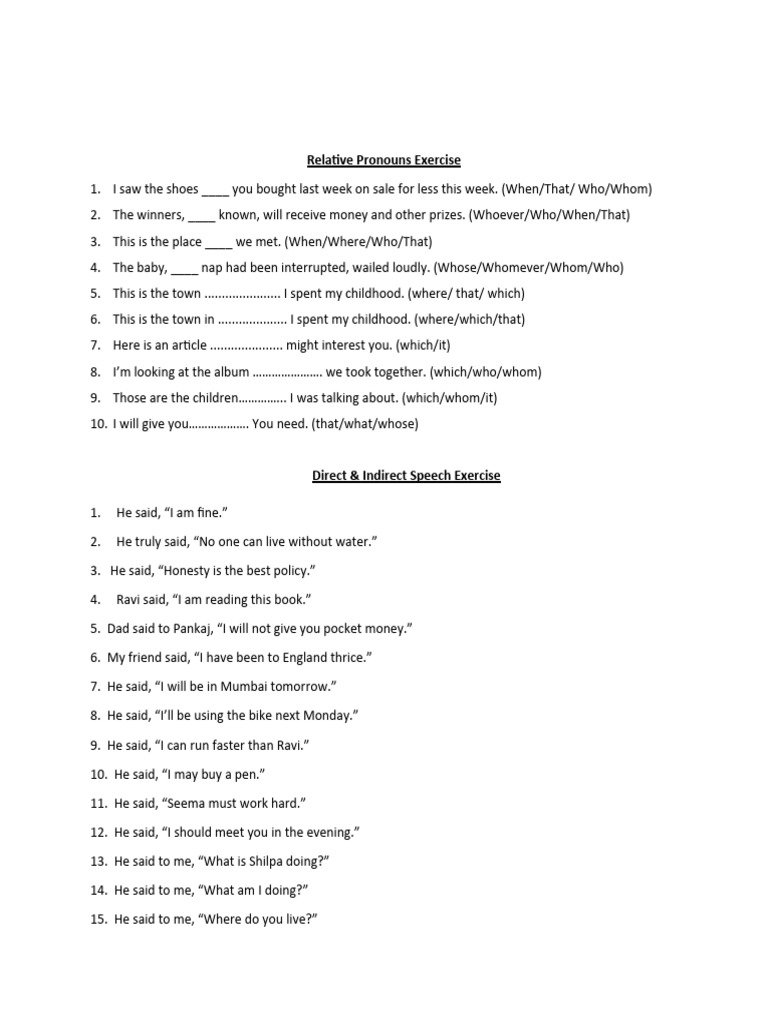 Relative Pronouns and Speech Exercises | PDF | Language Arts ...