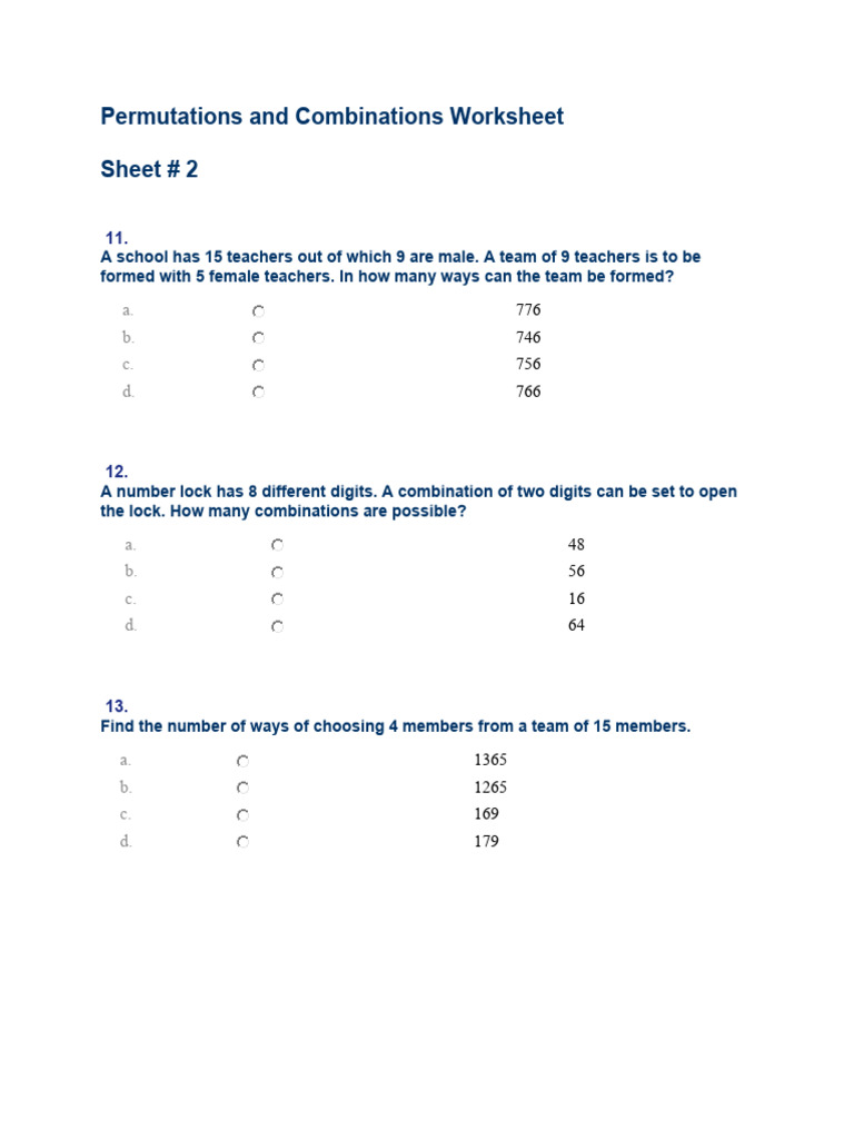 Permutations and Combinations Worksheet Page 2 | PDF | Permutation