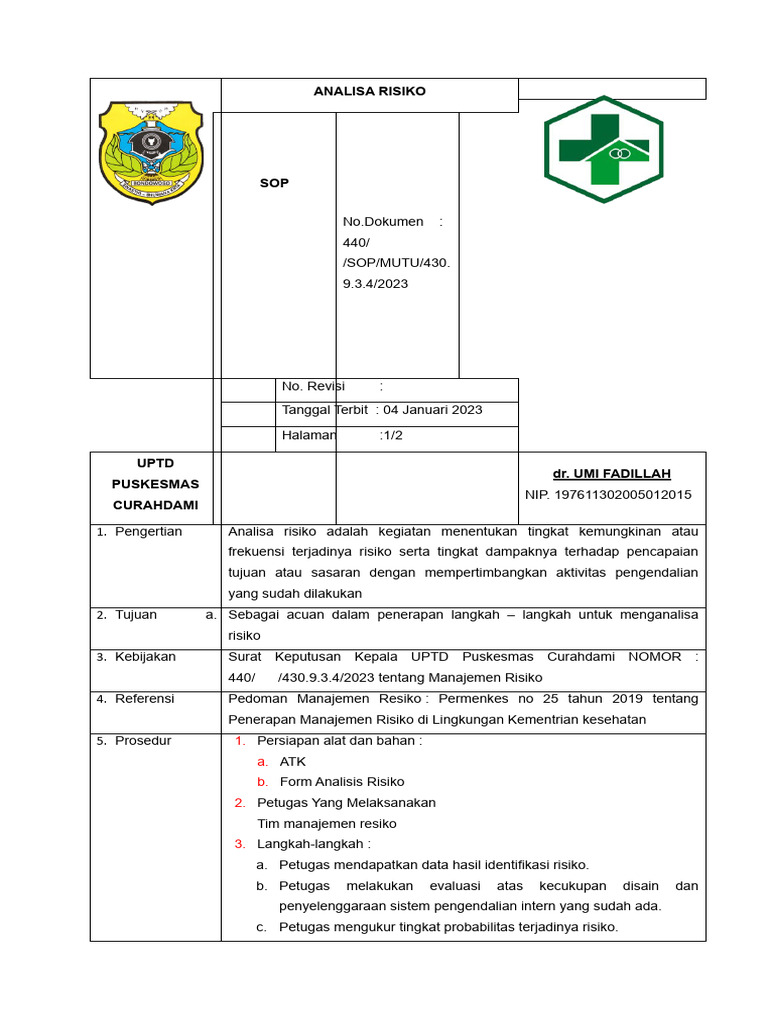 Sop Analisa Risiko | PDF