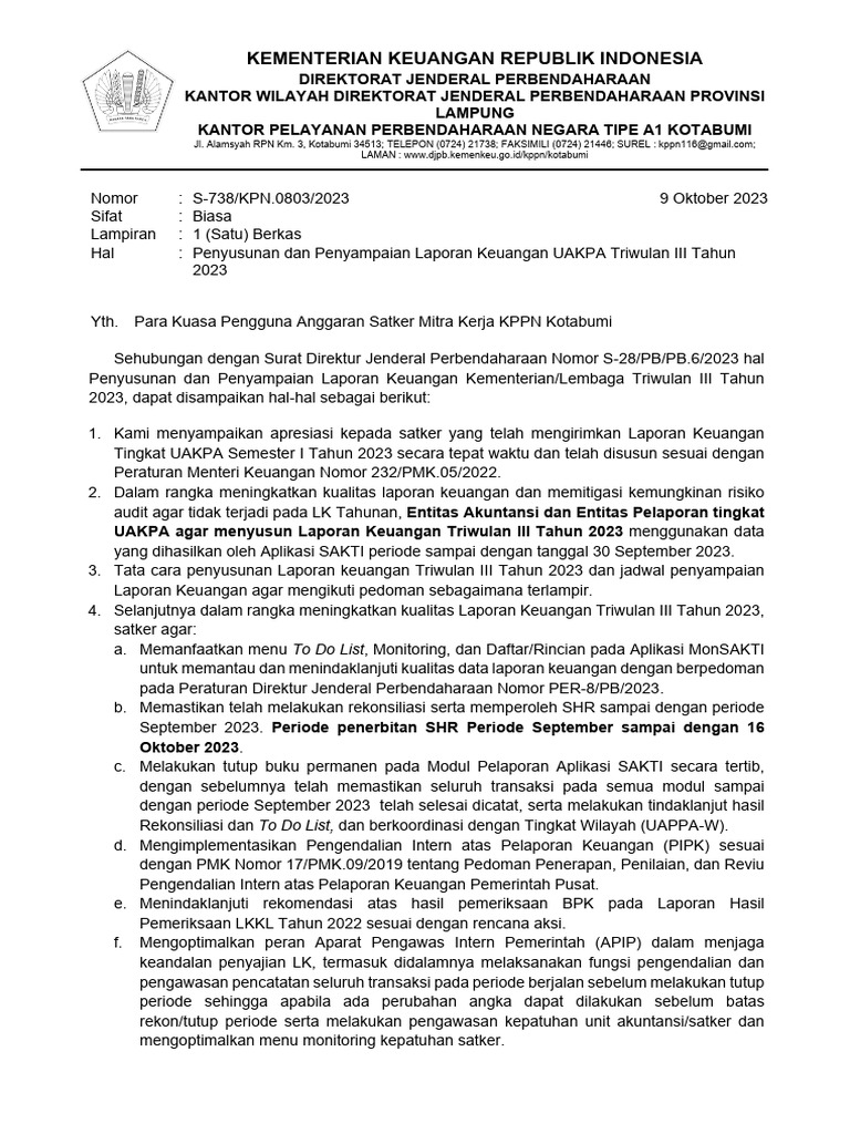 S-738 - Penyusunan Dan Penyampaian Laporan Keuangan UAKPA Triwulan III Tahun 2023 | PDF