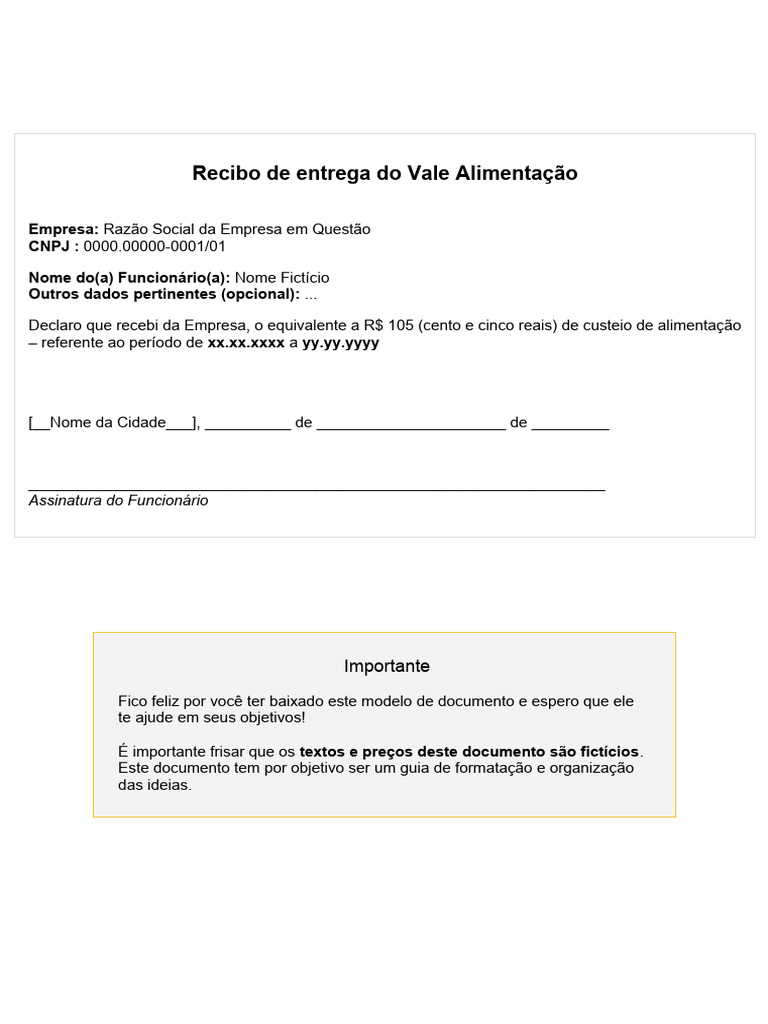 Modelo de Recibo de Vale Alimentação | PDF