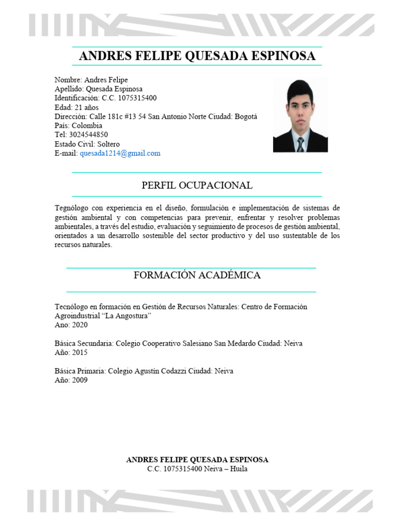Andres Felipe Quesada Espinosa Hoja de Vida | PDF