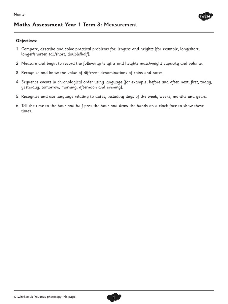 T N 4334 Year 1 Maths Assessment Measures Term 3 Merged | Download Free ...
