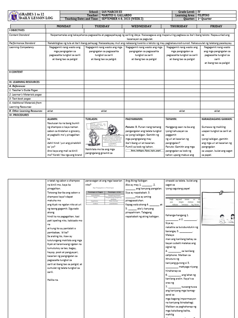DLL Filipino 4 q1 w2 | PDF