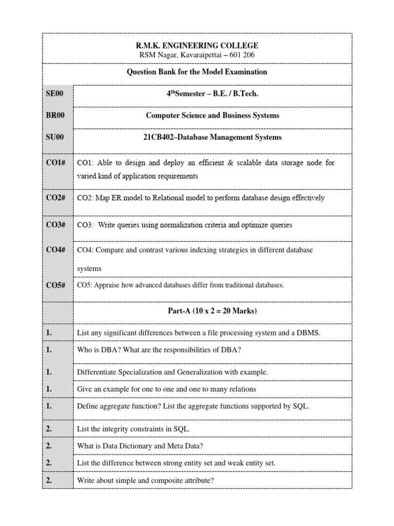 4 CSBS 21CB402 QBM | PDF | Databases | Relational Model