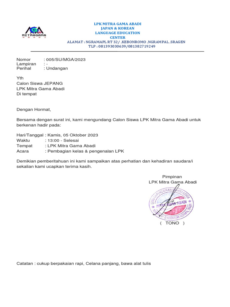 Surat Undangan Calon Siswa | PDF
