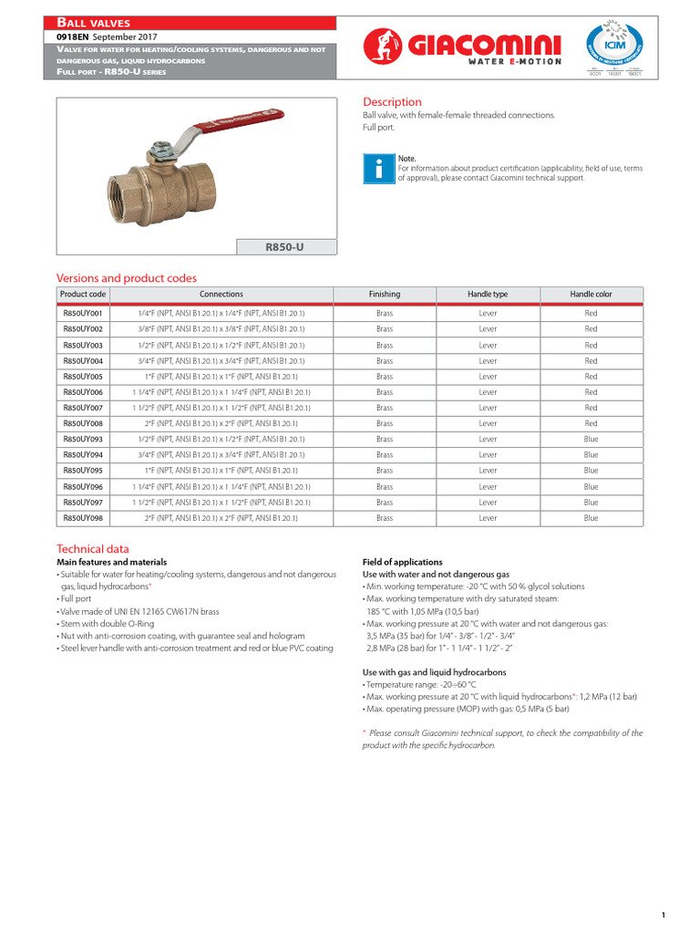 R850-U Series Ball Valves Specifications | PDF