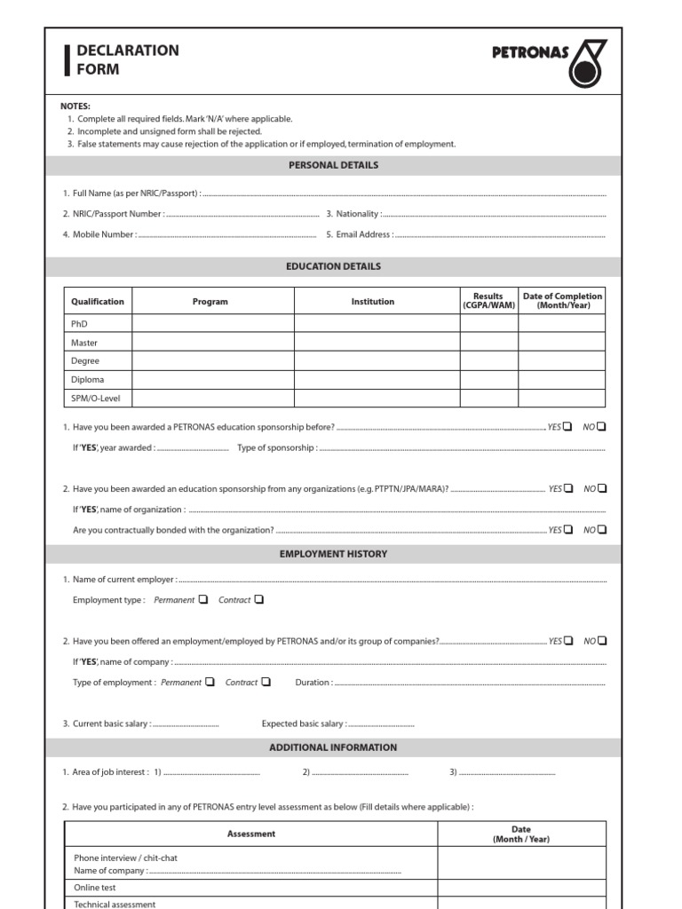 PETRONAS Declaration Form (2) | Government Information | Government