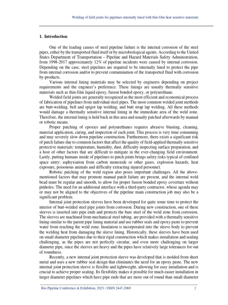 Welding of Field Joints For Pipelines Internally Lined With Thin-Film ...