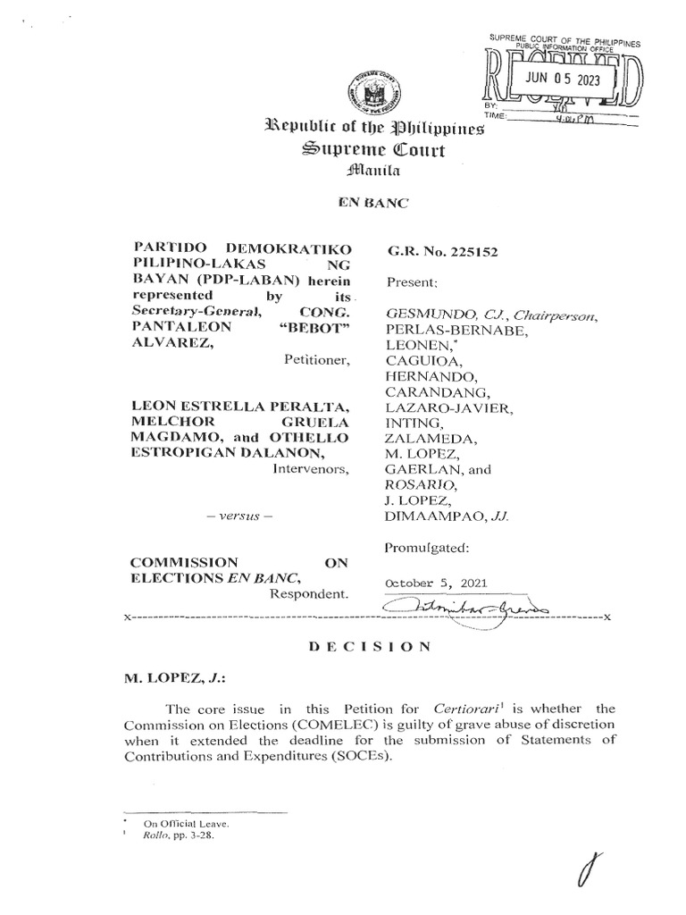 PDP-LABAN v. Commission On Elections, G.R. No. 225152 (2021) (Per J. M. V. Lopez, en Banc) | PDF