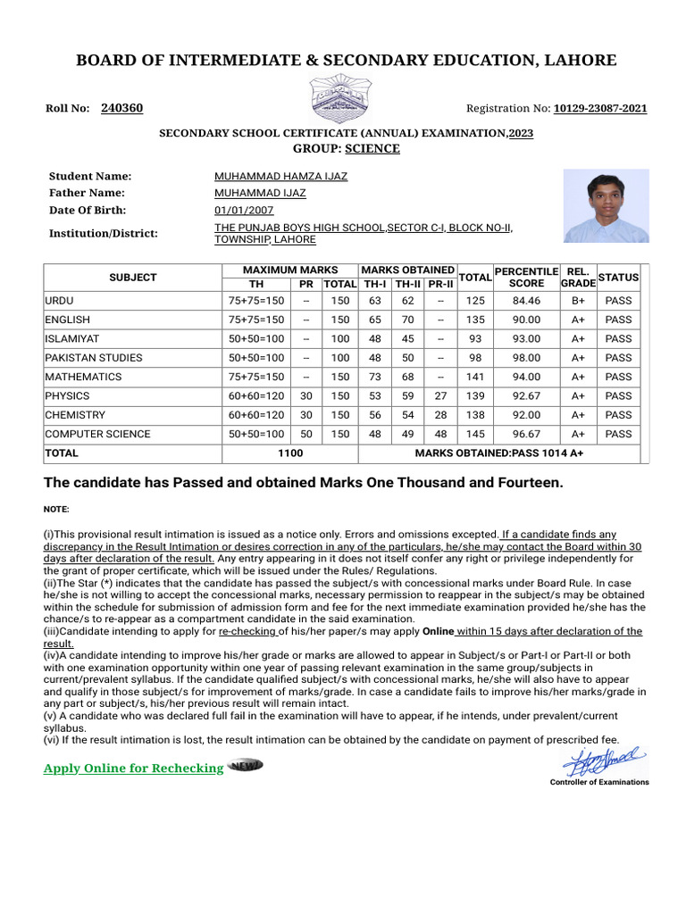 Board of Intermediate & Secondary Education, Lahore | PDF