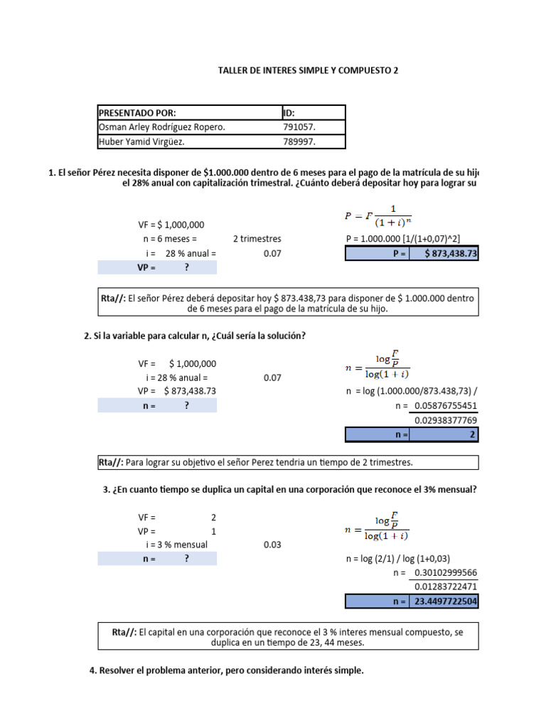 Taller de Interes Simple y Compuesto 2 | PDF | Interés | Tasas de interés