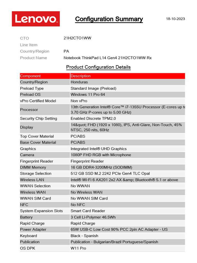 17102023-Notebook ThinkPad L14 Gen4 21H2CTO1WW RX | PDF | Consumer Electronics | Computer ...
