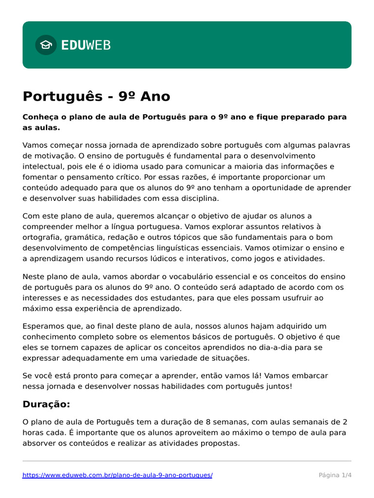 Plano de Aula 9 Ano Portugues | PDF | Aprendizado | Português (idioma)