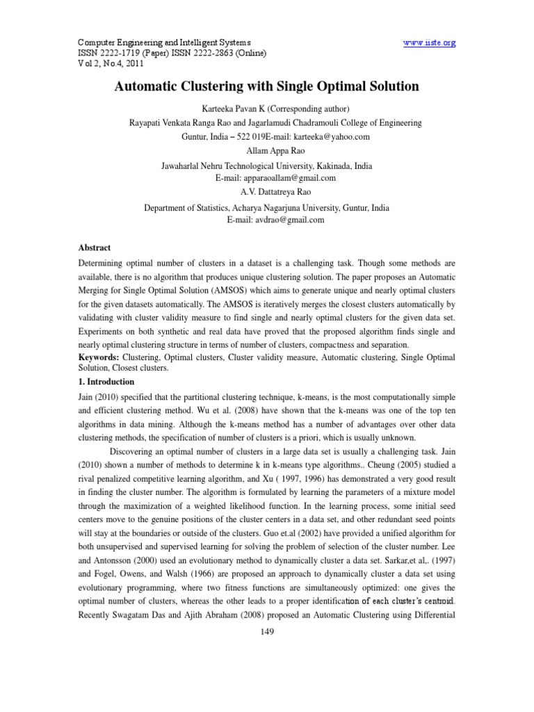 Automatic Clustering With Single Optimal Solution | PDF | Cluster ...