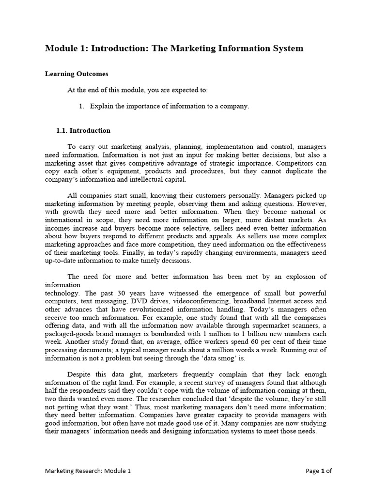 Module 1 Introduction The Marketing Information System Pdf Retail Information