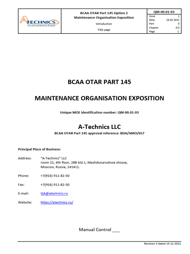 BCAA OTAR Part 145 Maintenance Exposition | PDF