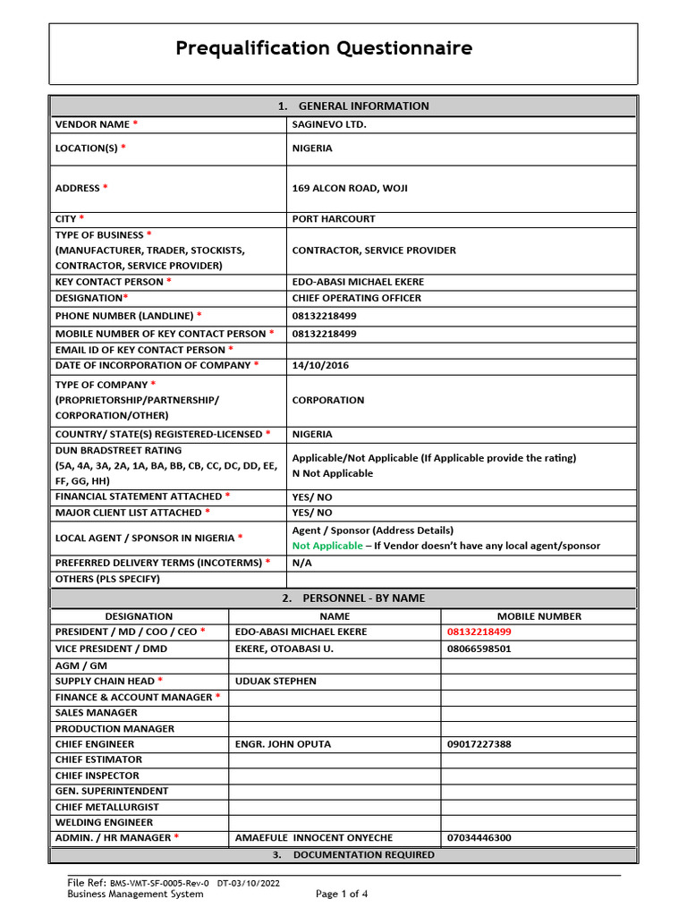 Prequalification Questionnaire for Saginevo Ltd. | PDF | Drill | Crane ...