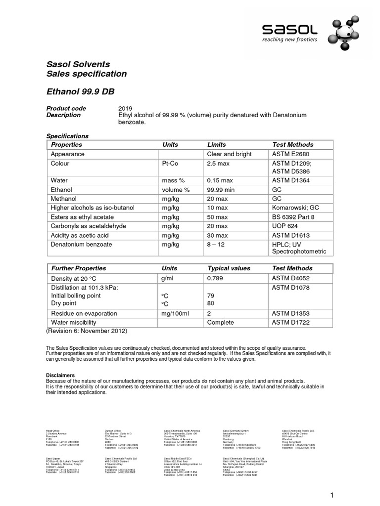 Sasol Sales - Spec - 8 | PDF | Ethanol | Acetic Acid