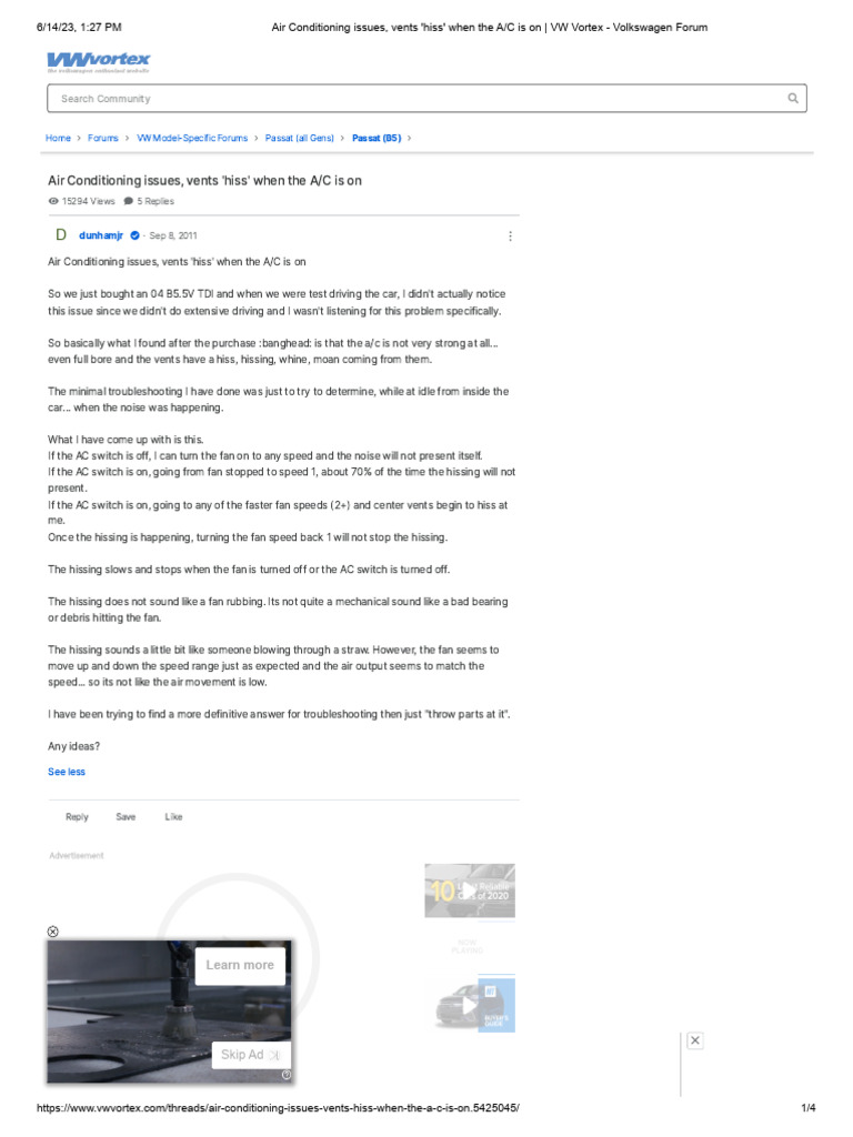 Air Conditioning Issues, Vents 'Hiss' When The A - C Is On - VW Vortex - Volkswagen Forum | PDF ...