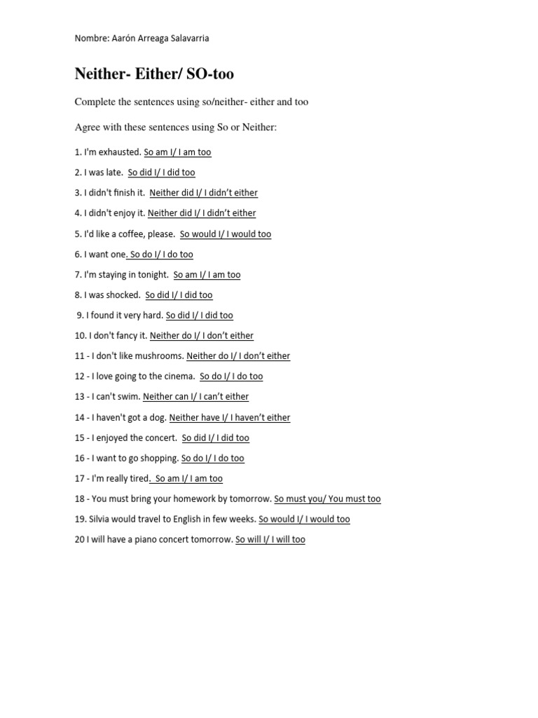 Neither - Either SO-too | PDF
