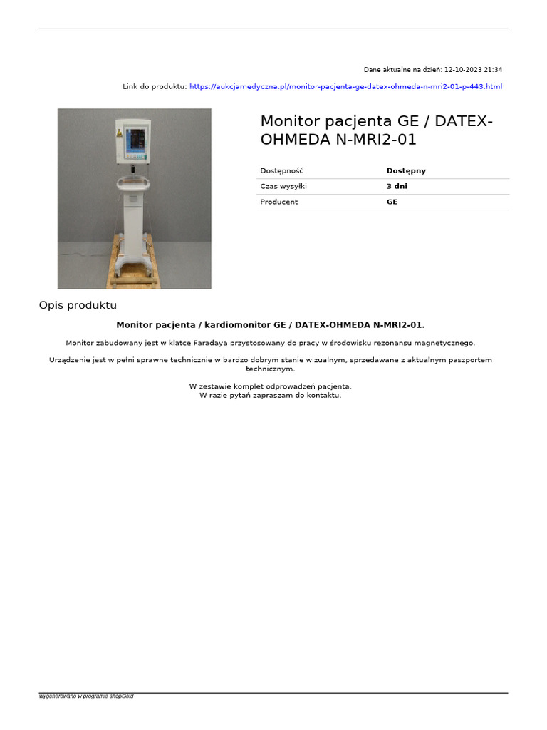 Monitor Pacjenta Ge Datex Ohmeda N Mri2 01 | PDF