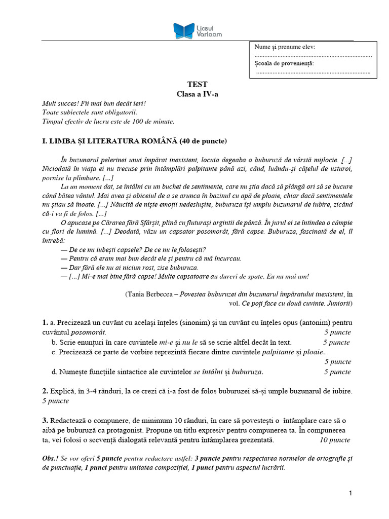 TEST Admitere Clasa A V-A - 24 Martie 2022 | PDF