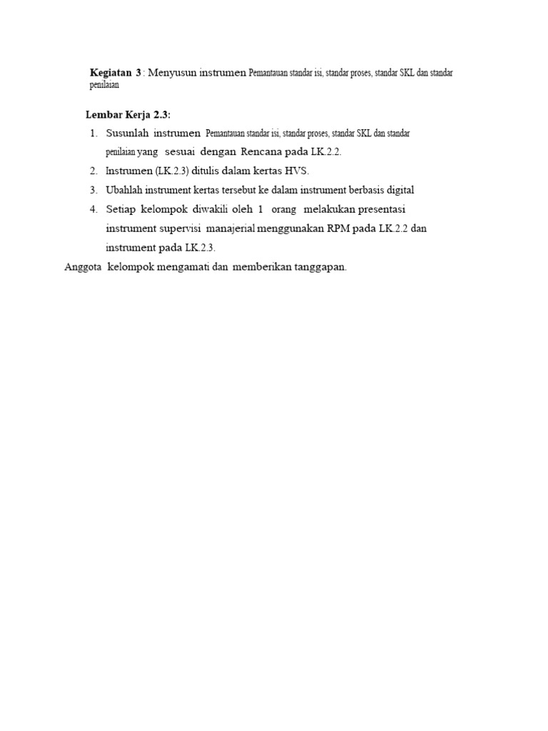 Kegiatan 3: Menyusun Instrumen Pemantauan Standar Isi, Standar Proses ...