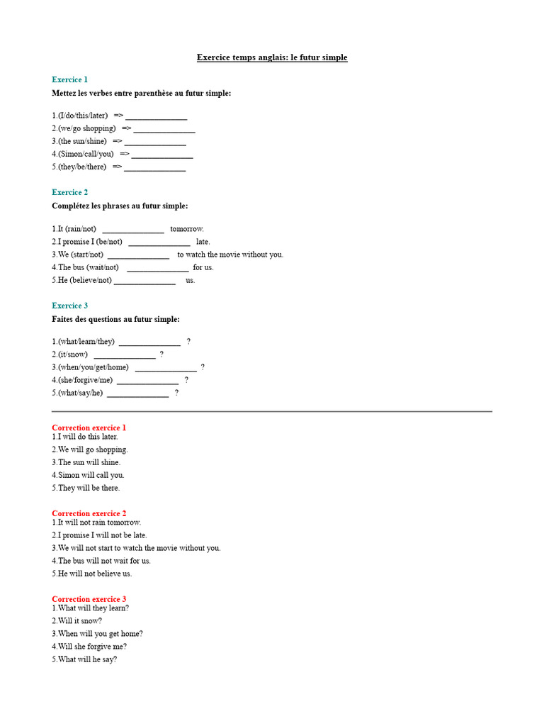 Exercice Temps Anglais Futur Simple | PDF
