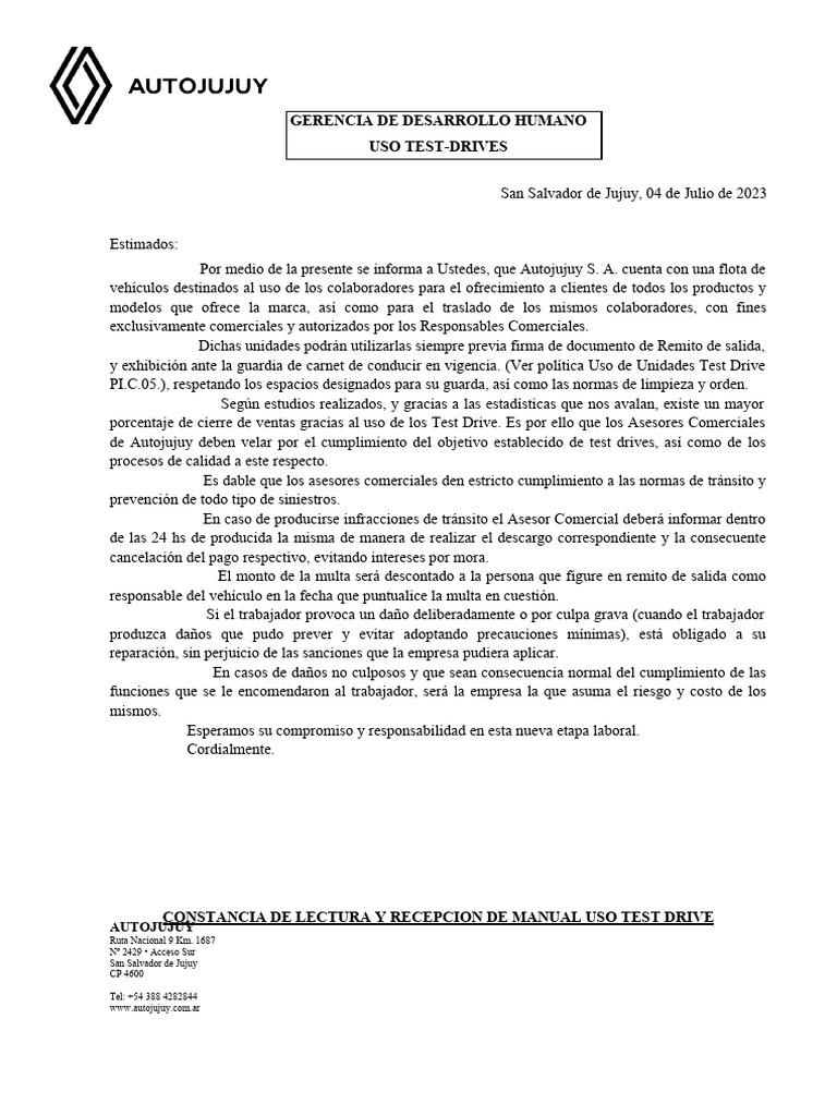 Normas de Uso de Test Drives Autojujuy | PDF | Multa (pena)