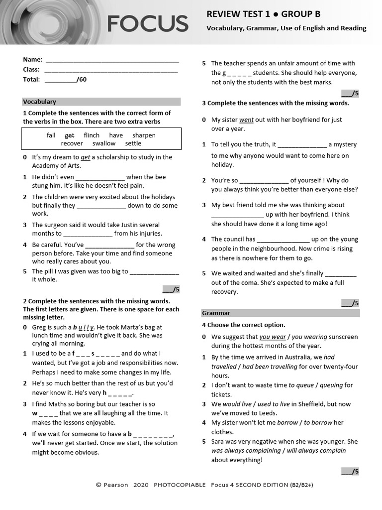 Focus 4 Unit 1 Review Test B | PDF | Personality Type | English Language