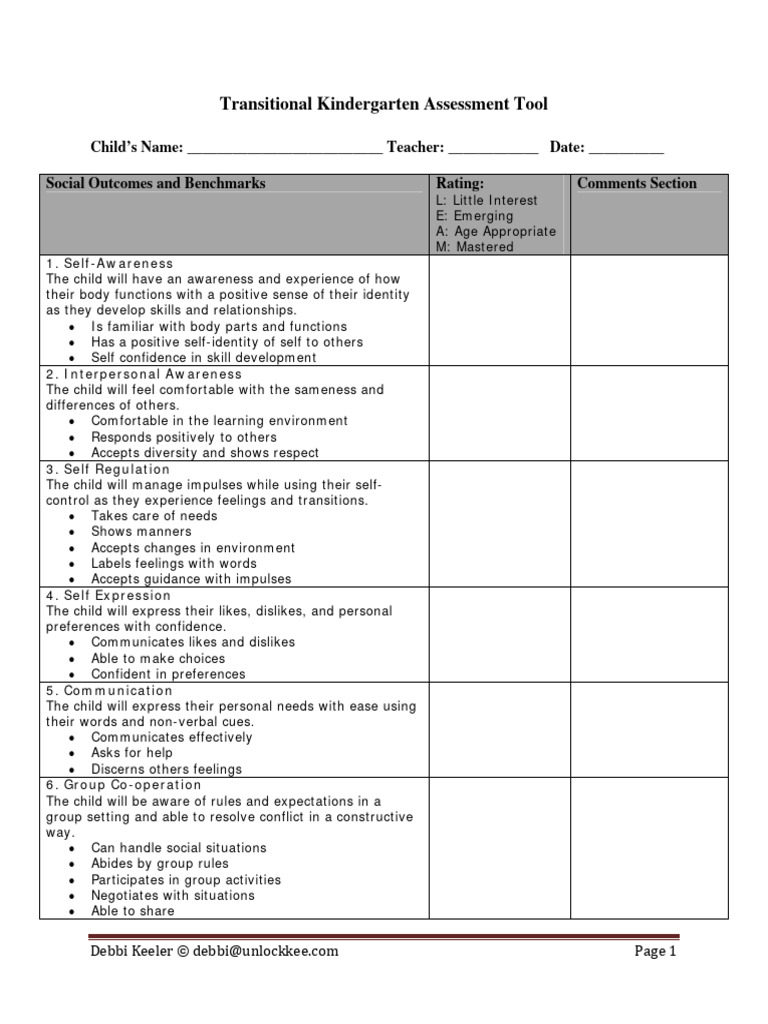 Transitional Kindergarten Assessment Tool | PDF | Word | Reading ...
