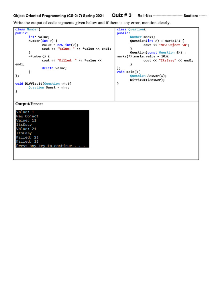 OOP Quiz 3: Code Output & Errors | PDF