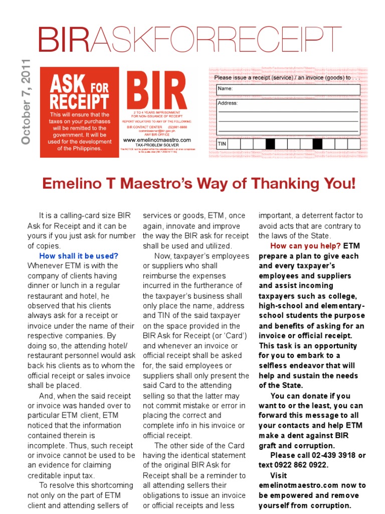 BIR Ask for Receipt Guidelines | PDF | Invoice | Receipt