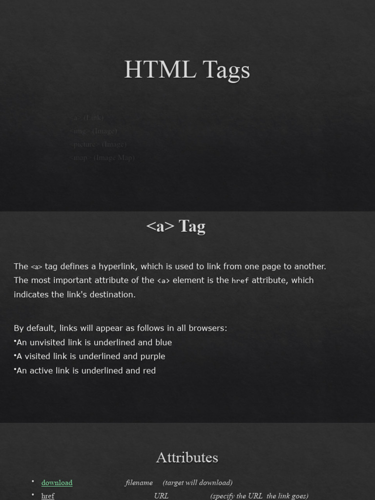 HTML Tags Presentation | PDF | Hyperlink | Html Element