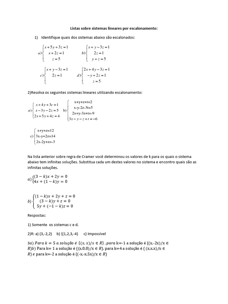 Listas Sobre Sistemas Lineares Por Escalonamento | PDF