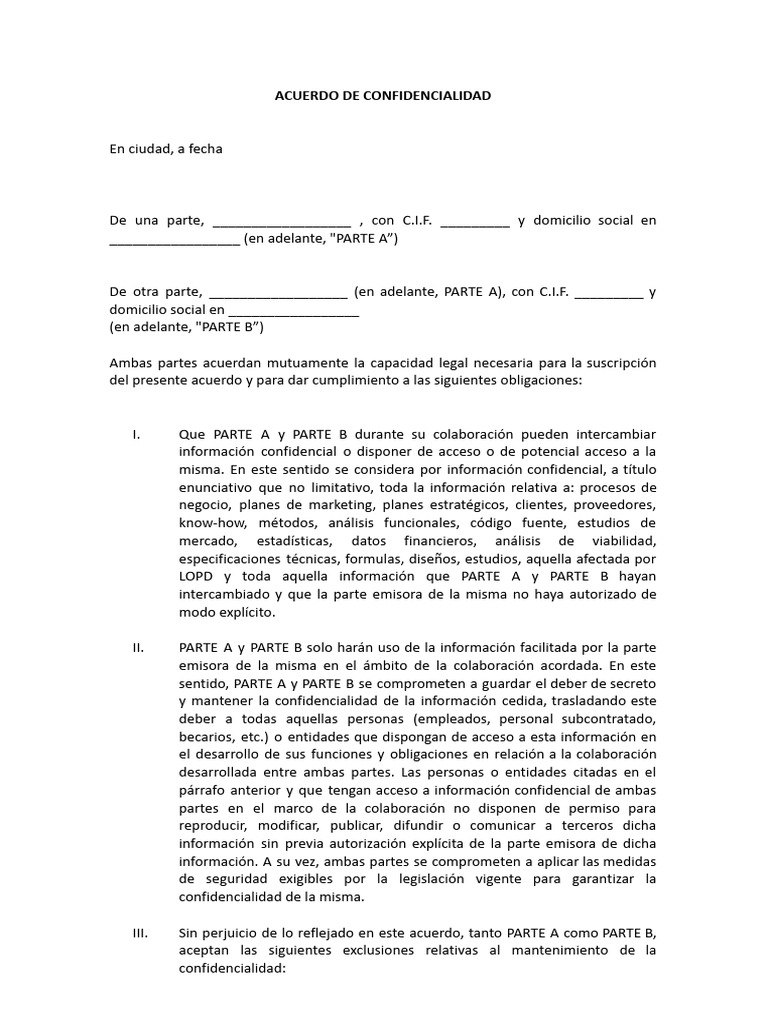 Template NDA Español | Descargar gratis PDF | Confidencialidad ...