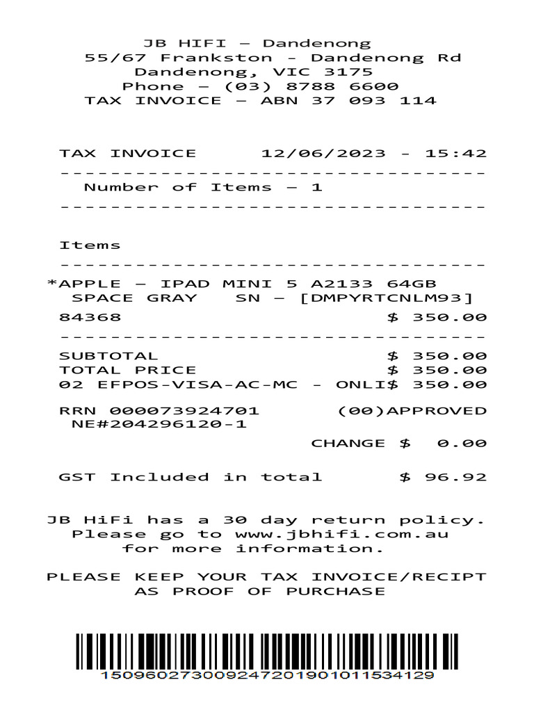 JB Hi-Fi Tax Invoice for iPad Mini | PDF | Technology & Engineering