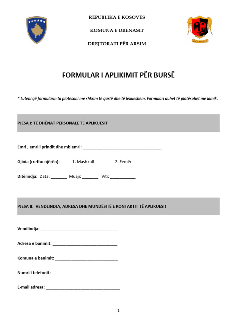 Formular I Aplikimit Per Bursa-Bacelor-DKADrenas-2023-2024 | PDF