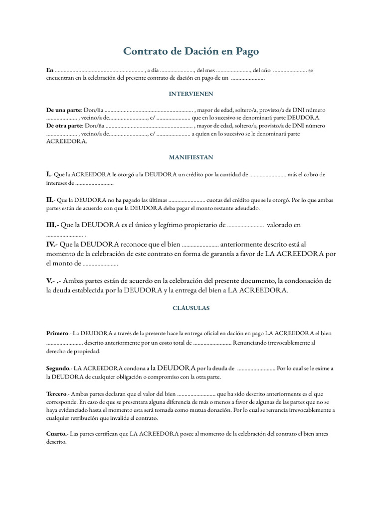 Modelo Contrato de Dación en Pago | PDF | Pagos | Economias