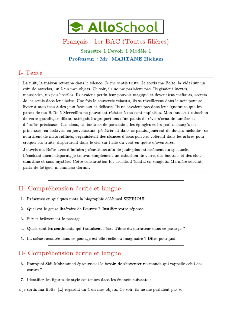 Francais 1bac Semestre 1 Devoir 1 Modele 1 12 | PDF