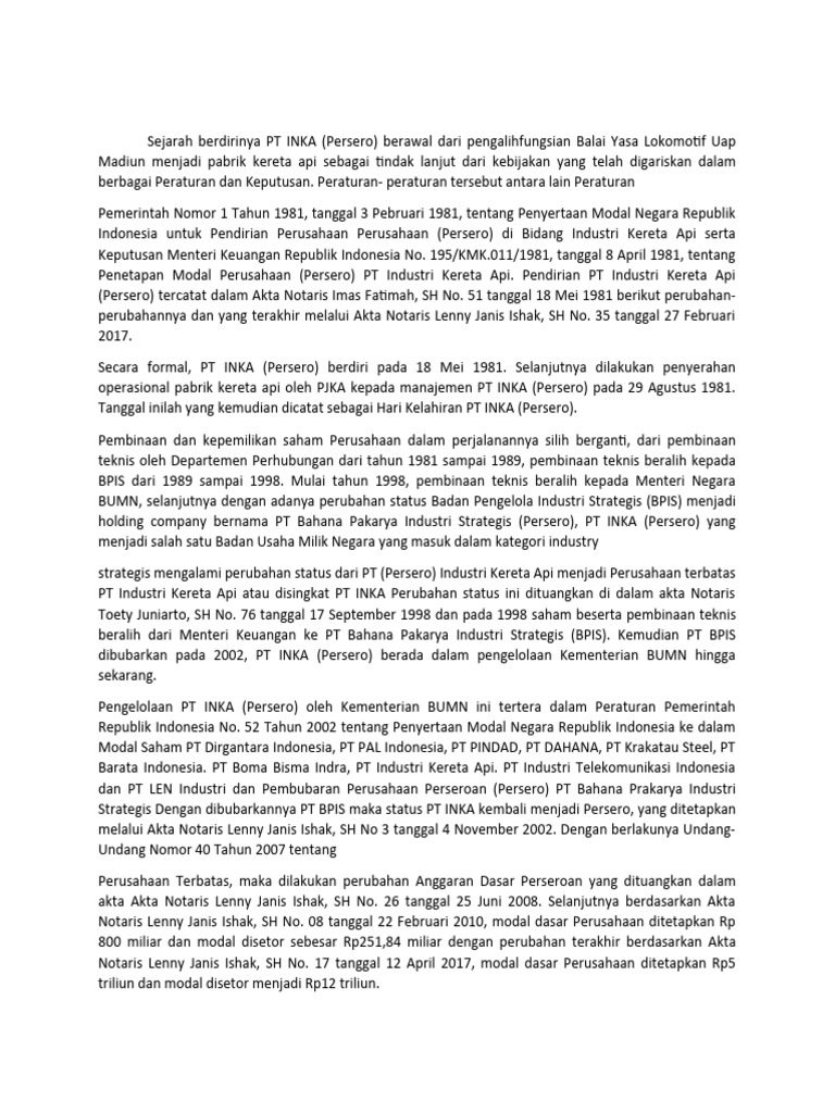 Sejarah Berdirinya PT INKA | PDF