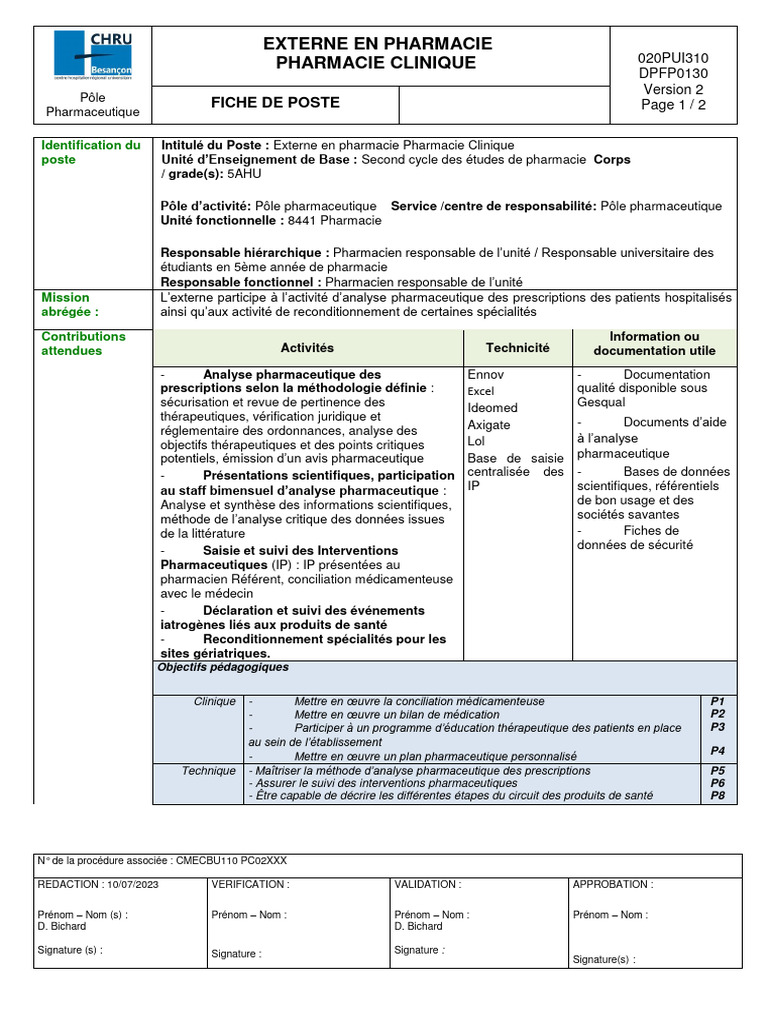 Fiche Poste 5ahu Pole Pharmacie Pharmacie Clinique | PDF