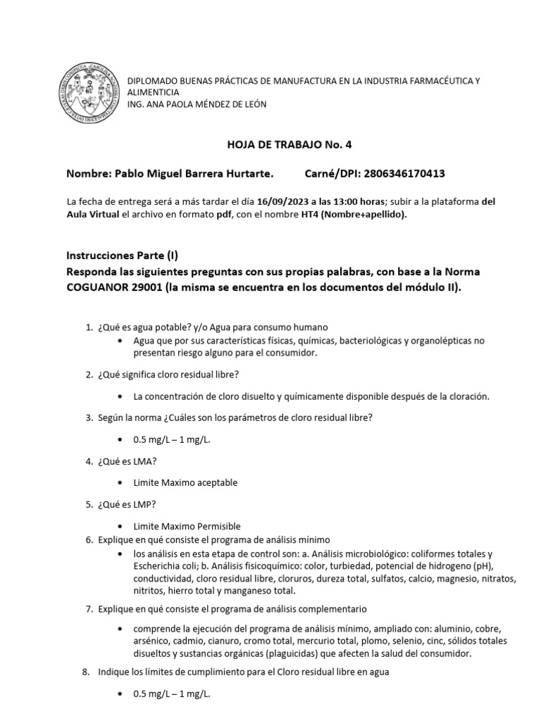 HT4 Pablo Barrera | PDF | Agua potable